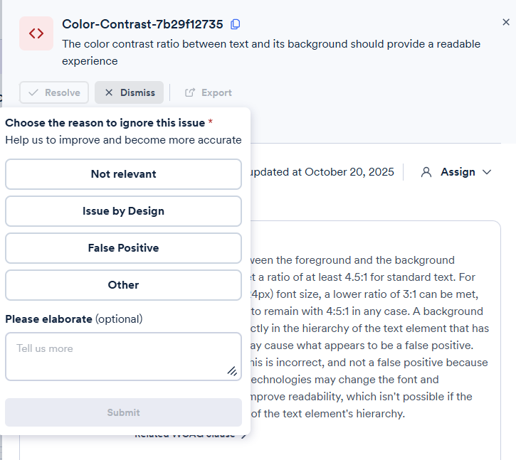 How to dismiss an issue and report a reason – accessiBe Help Center
